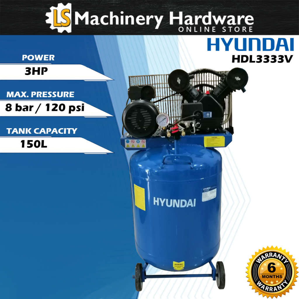 Hyundai HDL3333V 3HP 150L 8Bar Vertical Air Compressor - 6 Months ...