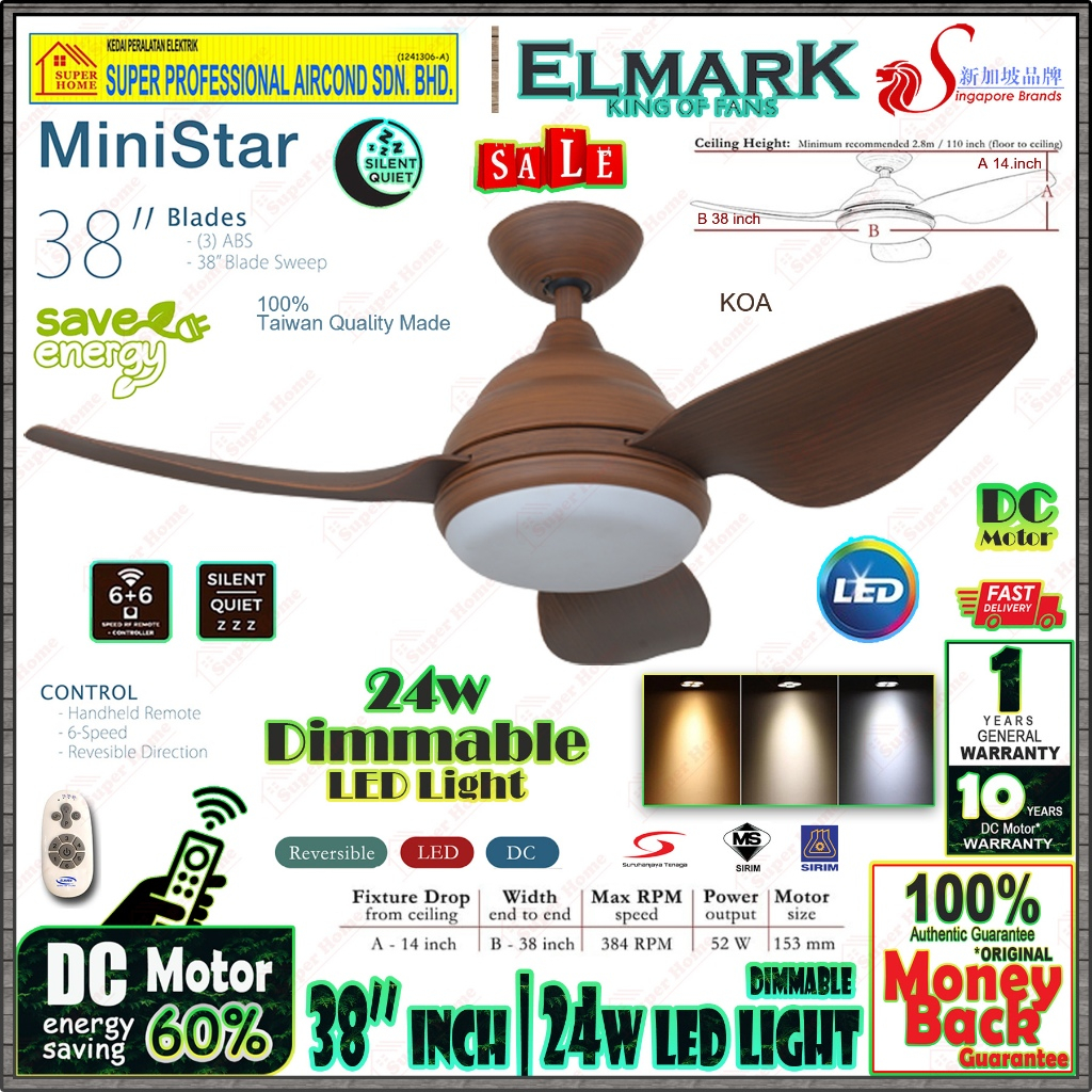 Elmark Ceiling Fan MIni Star 38 inch Remote Control Baby Fan DC Motor ...