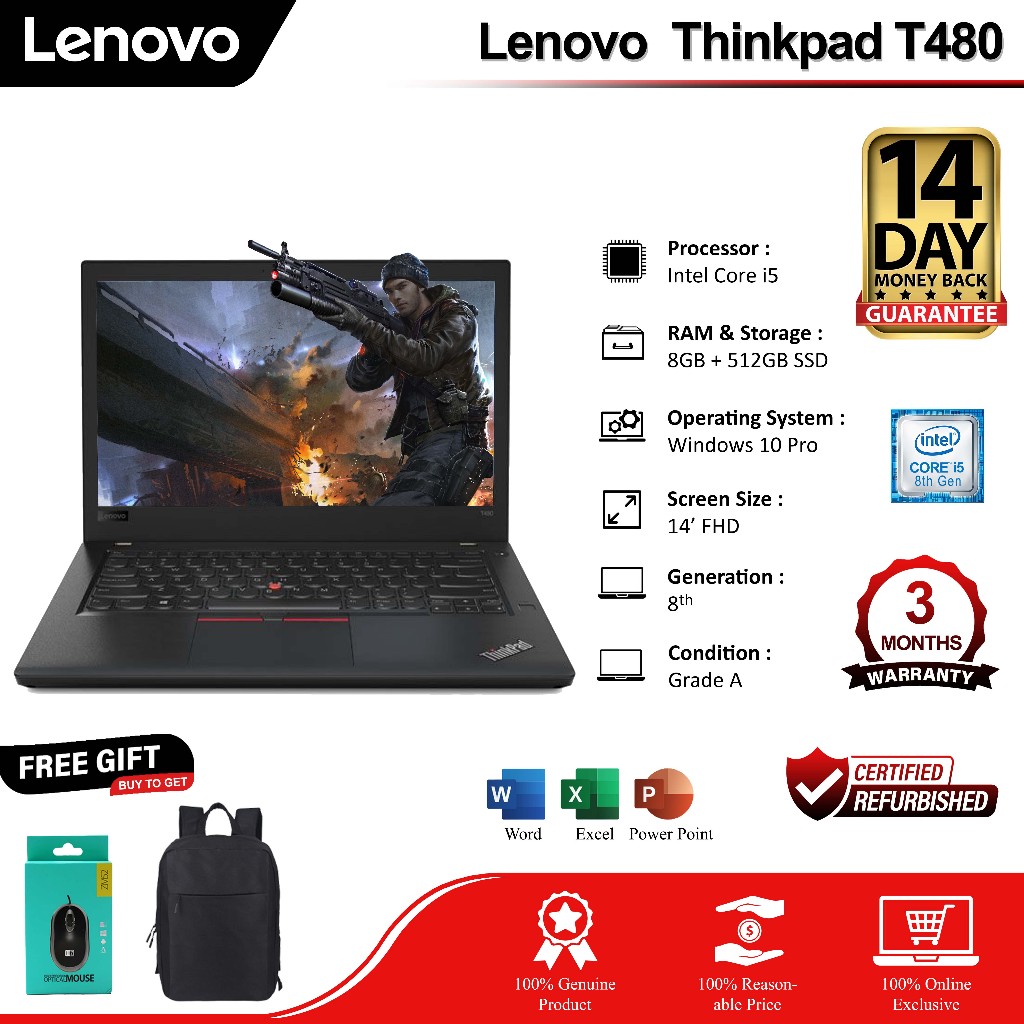 Lenovo ThinkPad T480 8th Gen Core i5 Thin & Light FHD Laptop 32 GB DDR4 RAM/1 TB SSD/14" 1 Year ...
