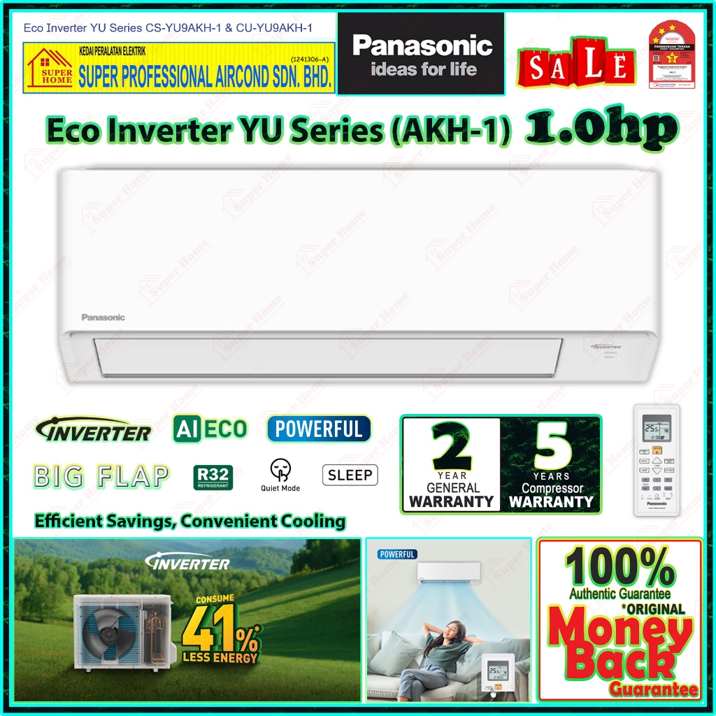 Panasonic 1.0hp Eco Inverter Air Conditioner CS-YU9AKH-1 & CU-YU9AKH-1 R32 Inverter Aircond ...