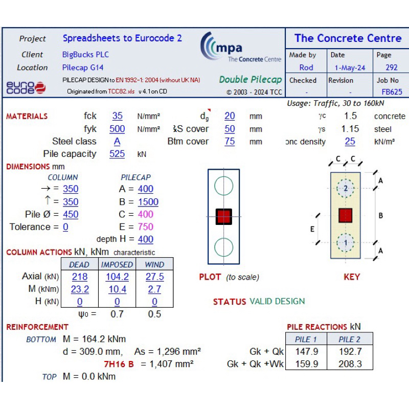 Pilecap Design (1 pile to 6 piles) to Eurocode Excel Spreadsheet ...