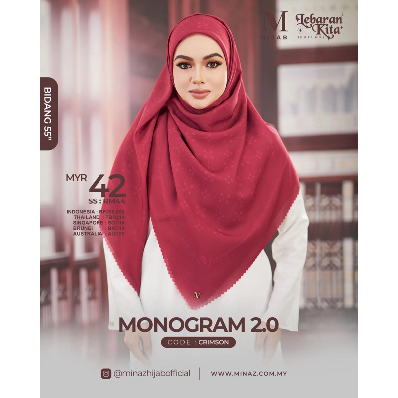 TUDUNG BAWAL SQUARE HIJAB MONOGRAM CHIFFON MINAZ 2.0 BIDANG 55 | Shopee ...