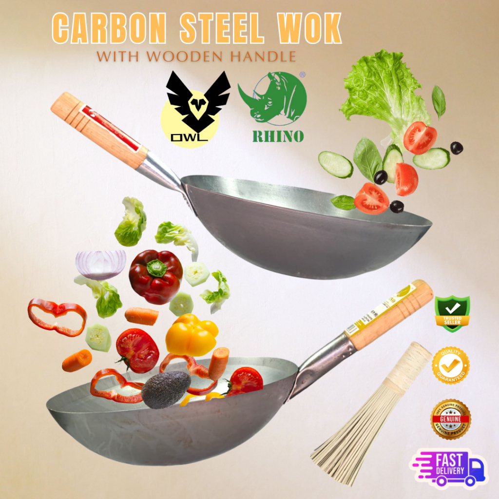 [RHINO BRAND][OWL BRAND] CARBON STEEL WOK/PAN WITH WOODEN HANDLE ...
