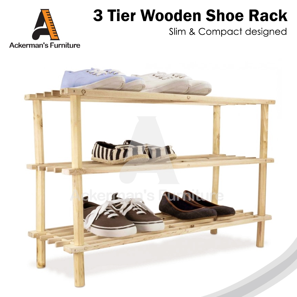 ACKERMAN 3 Tier Solid Fir Wooden Shoe Rack / Storage Rak Kasut Kayu ...