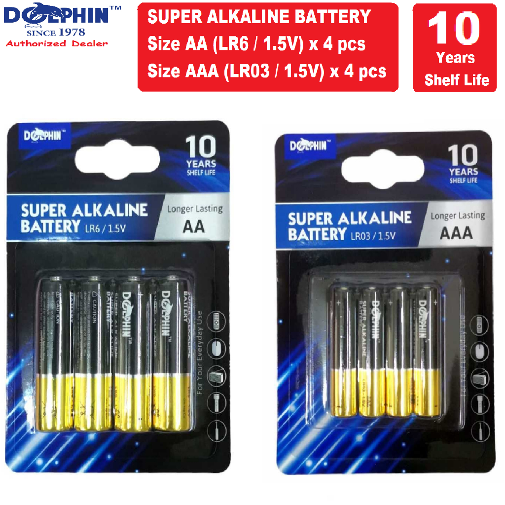 DOLPHIN SUPER ALKALINE BATTERY 1.5V AA (LR6) / AAA (LR03) 10 YEARS SELF ...
