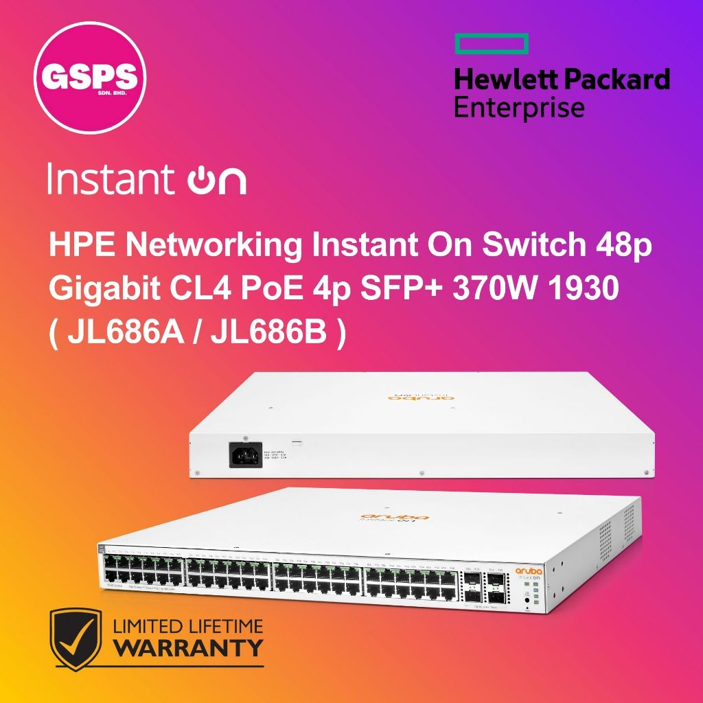 HPE Networking Instant On Switch 48p Gigabit CL4 PoE 4p SFP+ 370W 1930 ( JL686A / JL686B ...