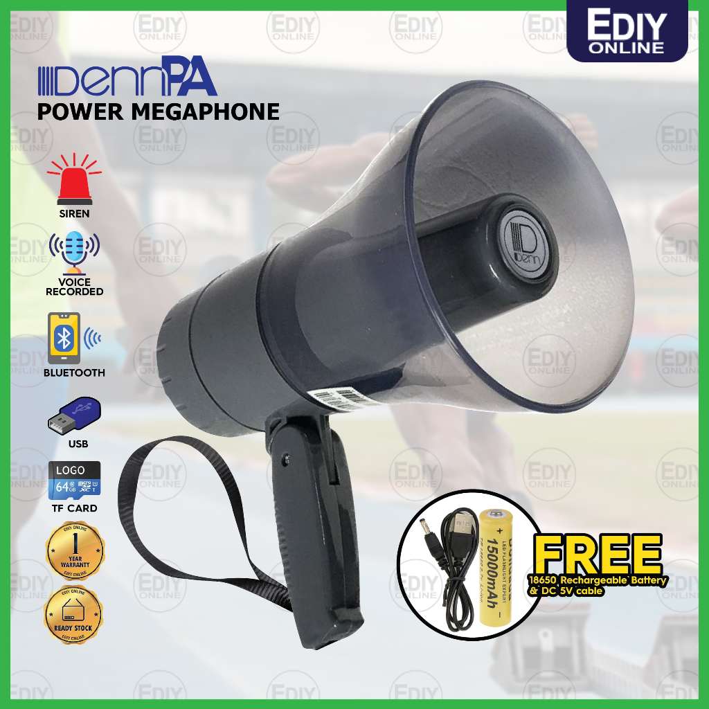 DENN BLUETOOTH LOUDSPEAKER MEGAPHONE 25W RECHARGEABLE DMG-305BG USB TF SIREN VOICE RECORD ...