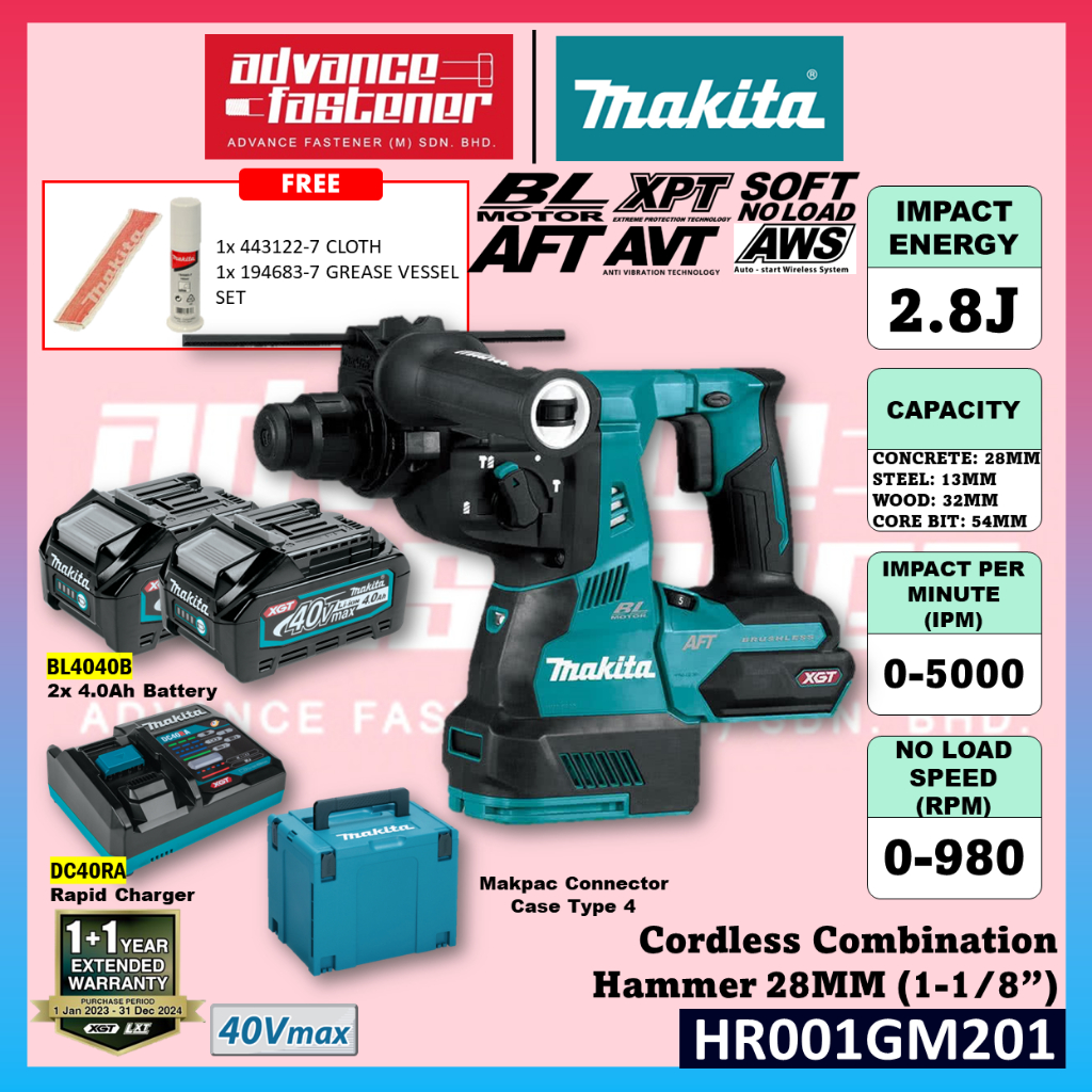 MAKITA HR001GM201 / HR001G / HR001GZ 40Vmax Cordless Combination Hammer 28MM (1-1/8") | Shopee ...