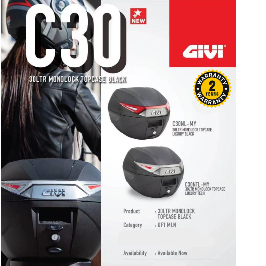 GIVI BOX 30LTR MONOLOCK TOP CASE C30NL C30NT 100% ORIGINAL FULL ACCESSORIES MONOLOCK TOP CASE ...