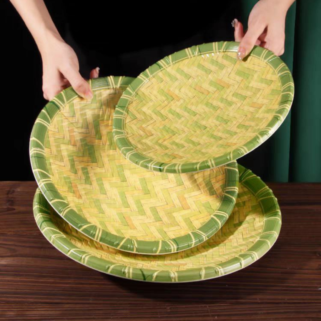 BAMBOO ROUND PLATE 3 SIZE PINGGAN PLASTIK CORAK BULUH PINGGAN SERVING 1 ...