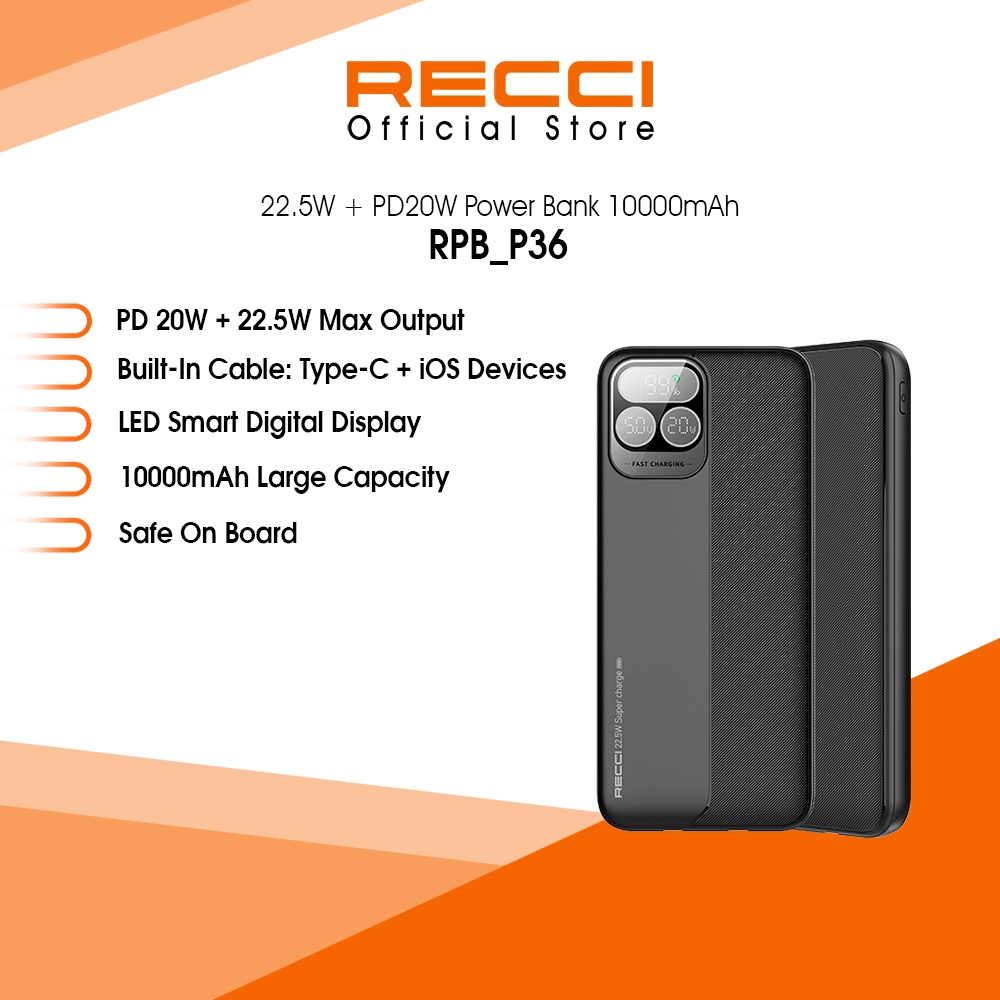 RECCI PD Built-In Type-C Power Bank (10000mAh/20000mAh/30000mAh/22.5W + 20W) RPB-P36/P37/P38 ...