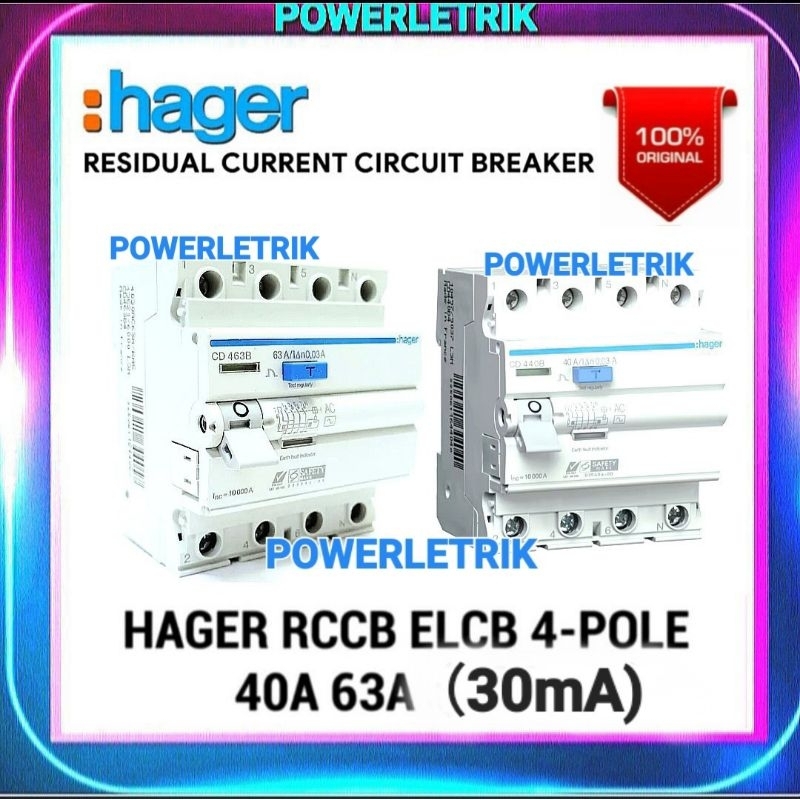 HAGER CD440B 4 POLE 40A 30mA & HAGER CD463B 4 POLE 63A 30mA ELCB RCCB - 💯 ORIGINAL MADE IN ...