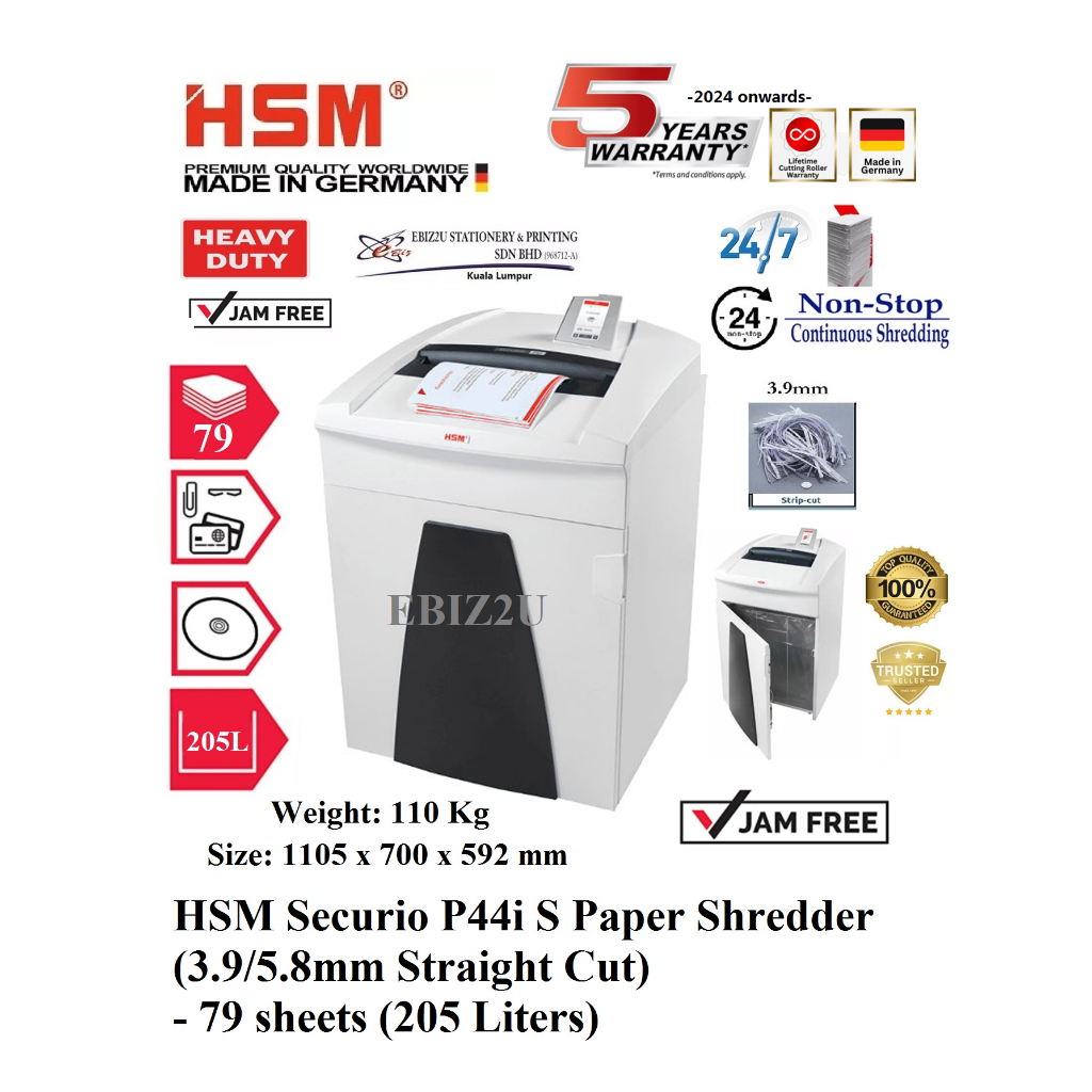 HSM Securio P44i S Heavy Duty A3 Paper Shredder (3.9/5.8mm Strip Cut ...