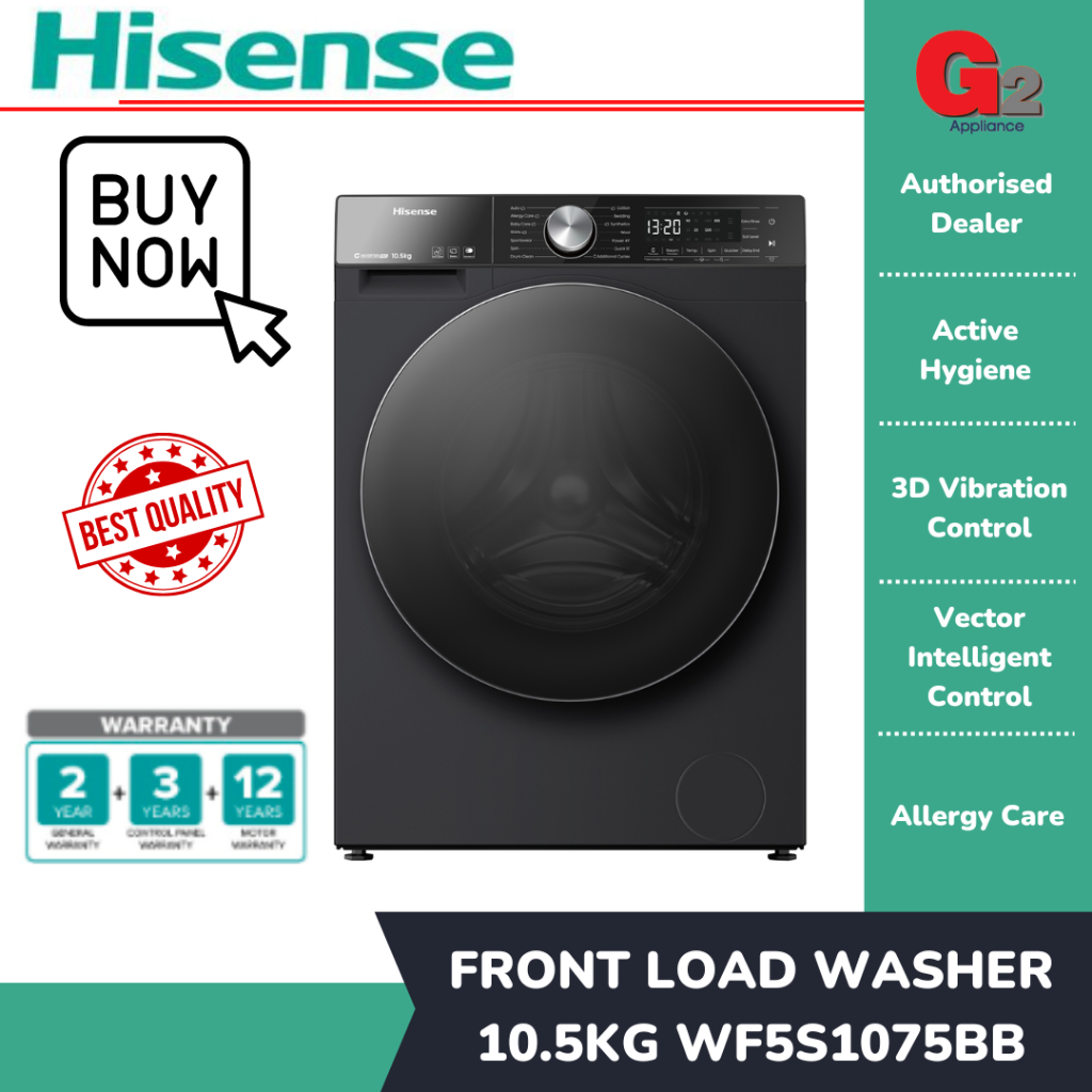 HISENSE (NEW SERIES 5s) 10.5KG FRONT LOAD WASHING MACHINE WF-5S1075BB ...