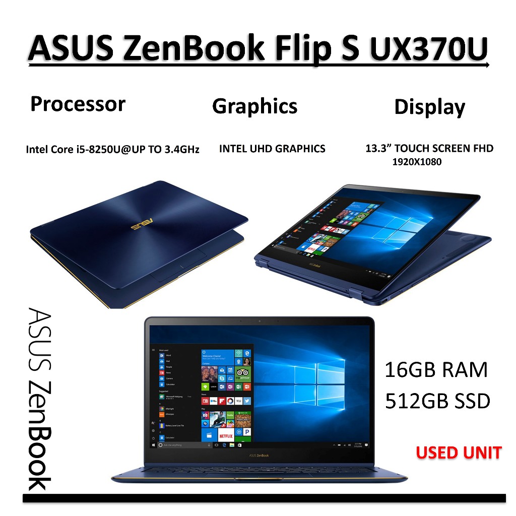 ASUS ZenBook Flip S UX370 Intel Core i5-8250U Processor (up to 3.4 GHz ...