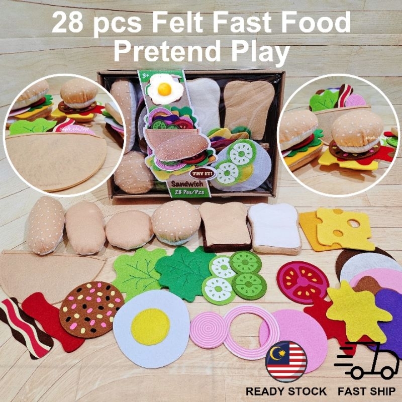 28pcs Felt Fast Food Pretend Play Burger Sandwich Pita Bread Kids ...