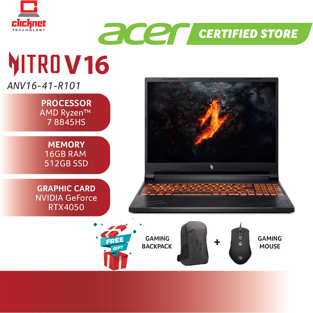 ACER NITRO V16 ANV16-41-R101 GAMING LAPTOP R7-8845HS 16GDR5 512SSD / 16" IPS FHD / WIN11H ...