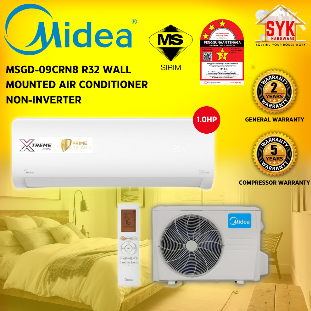 SYK Midea Non Inverter Aircond 1Hp MSGD-09CRN8 Air Cond 1hp Xtreme Dura ...