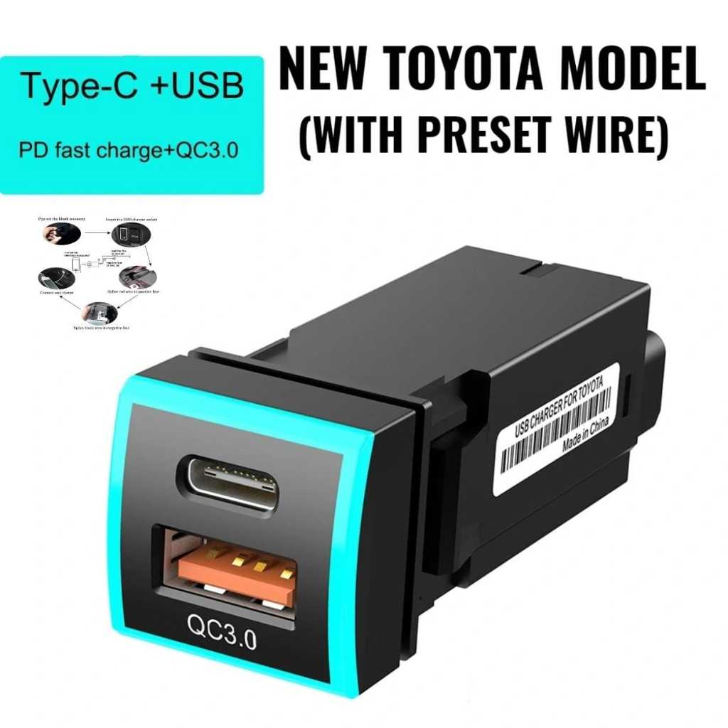 Toyota New Model Car Type C USB Charger Charging Port QC3.0 Blue LED ...