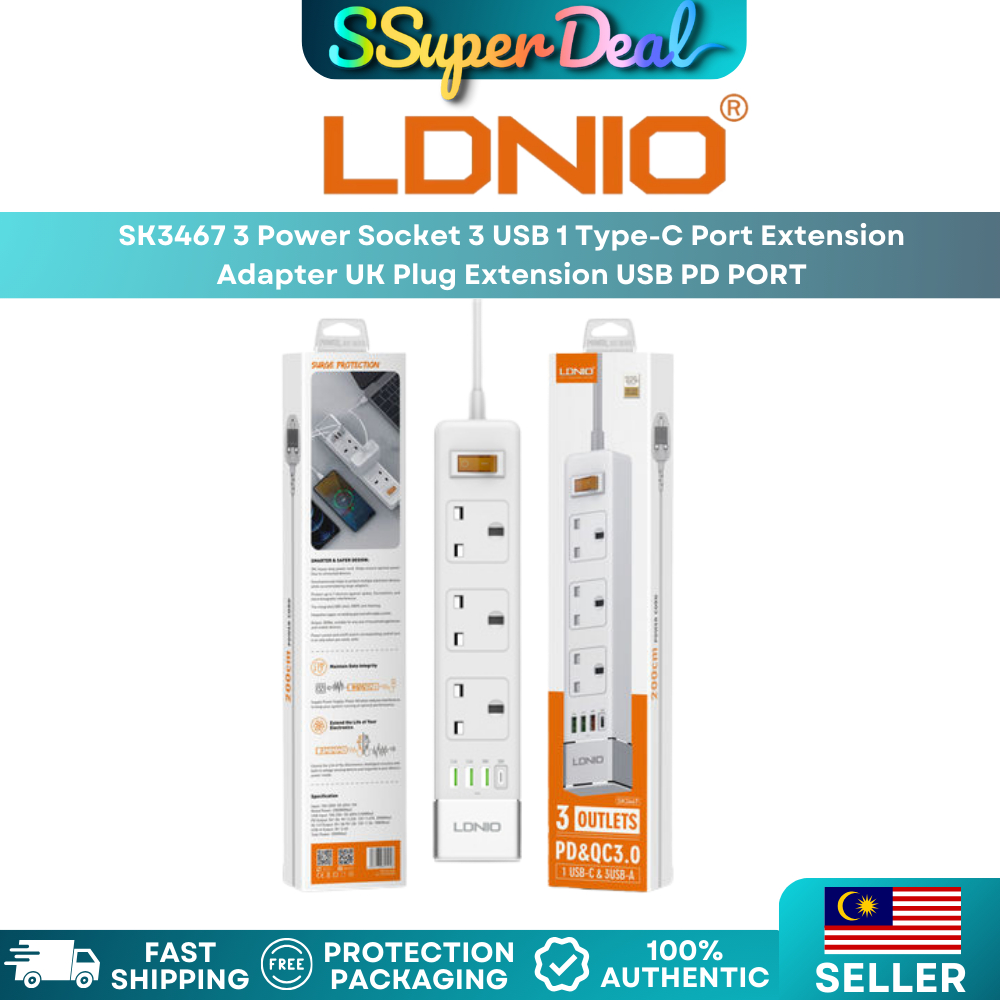 LDNIO SK3467 3 Power Socket 3 USB 1 Type-C Port Extension Adapter UK ...