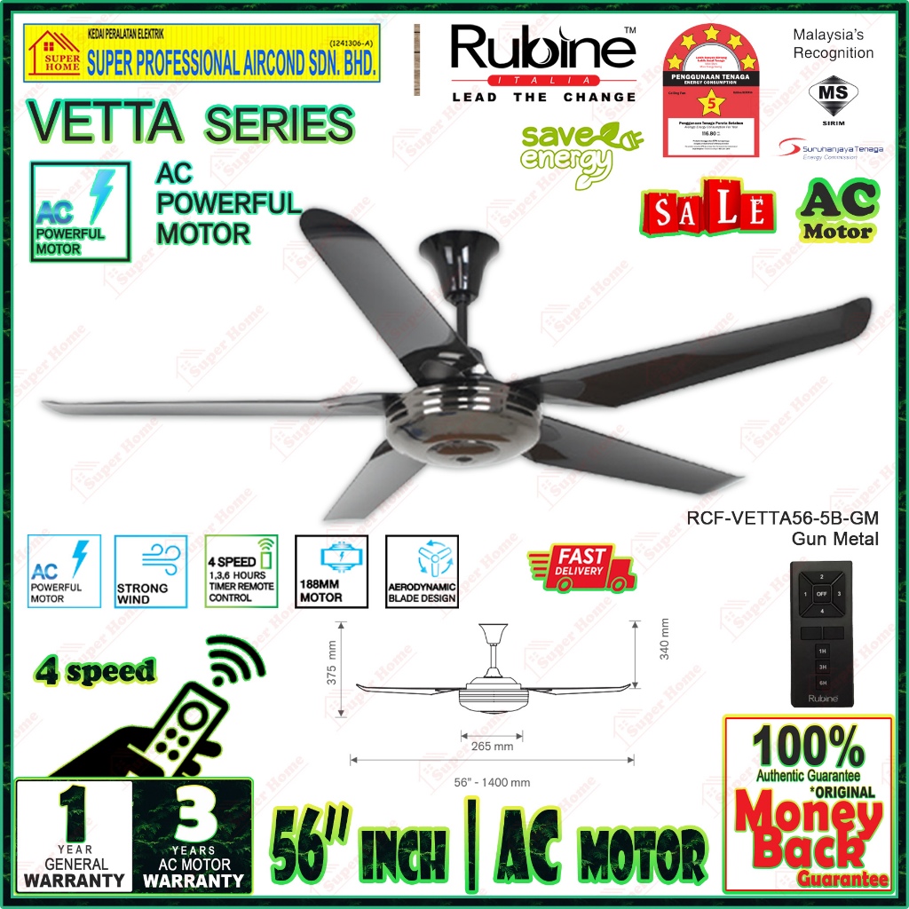 Rubine Remote Control Ceiling Fan RCF-VETTA56-5B-GM 56 Inch 9-Speed DC Motor Ceiling Fan ...