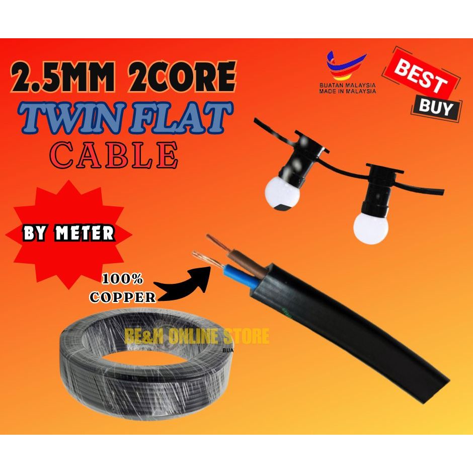 PVC 2.5MM TWIN FLAT CABLE 2 CORE 100% COPPER LAMPU PASAR MALAM BLACK PIN CABLE WIRE PIN OUTDOOR ...