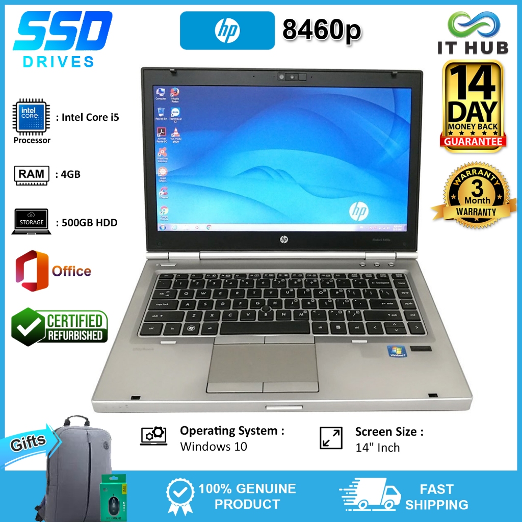 HP Elitebook 8460p-2nd gen-Core i5-RAM4GB-500GBHDD-14in"Display-windows 10-Full HD Camera-Full ...