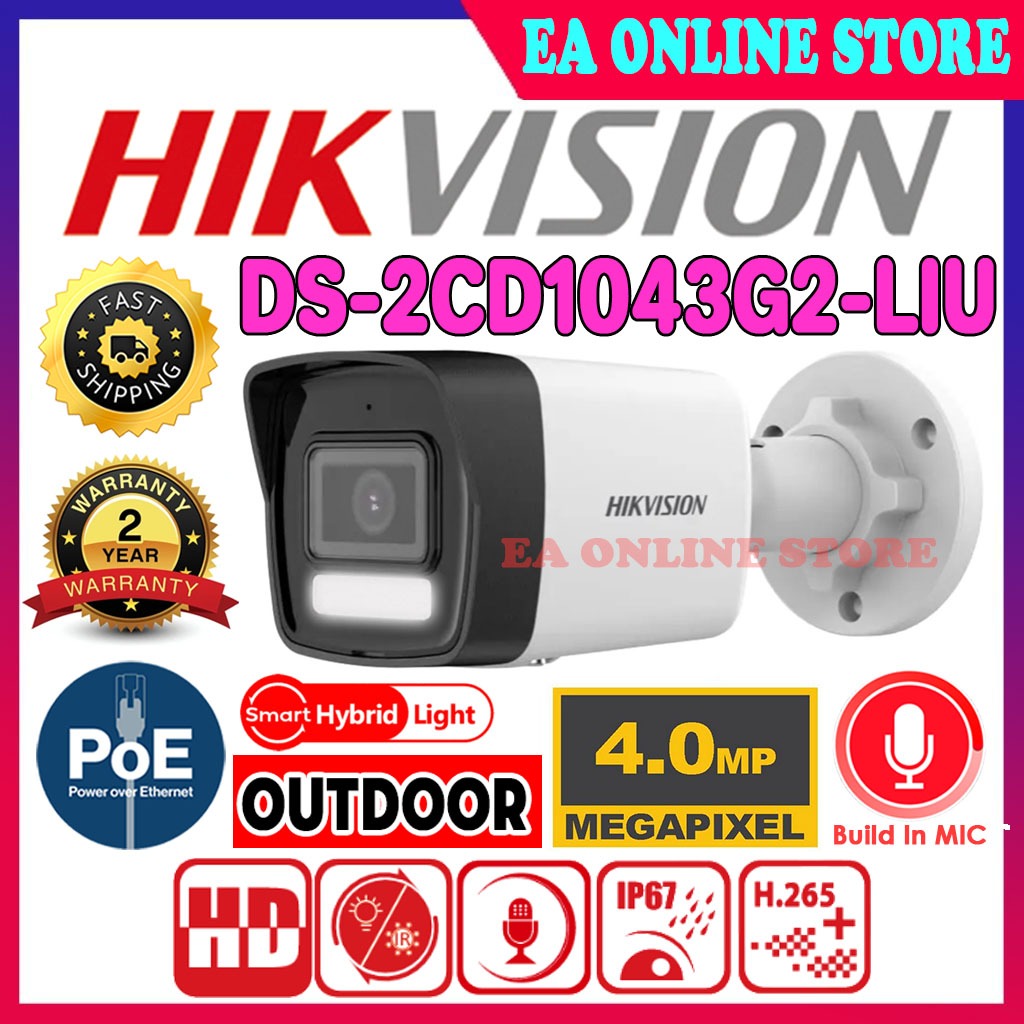 HIK HIKVISION DS-2CD1043G2-LIU 4.0MP POE IP Network CCTV Camera 4MP HD Bullet Outdoor Smart ...