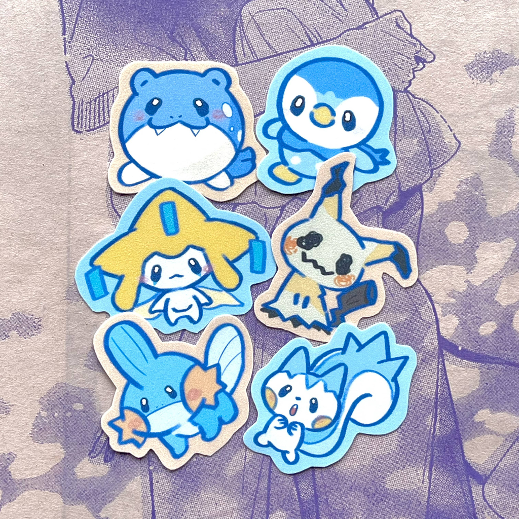 watertype pokemon stickers (spheal/piplup/jirachi/mimikyu/mudkip ...