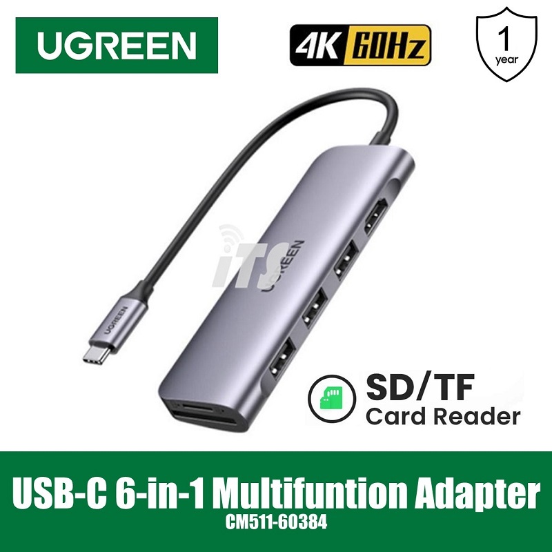 UGREEN USB-C 6 in 1 Multifunction Adapter - 2*USB-A 3.0+HDMI 4K@60Hz+SD/TF+PD100W (CM511-60384 ...