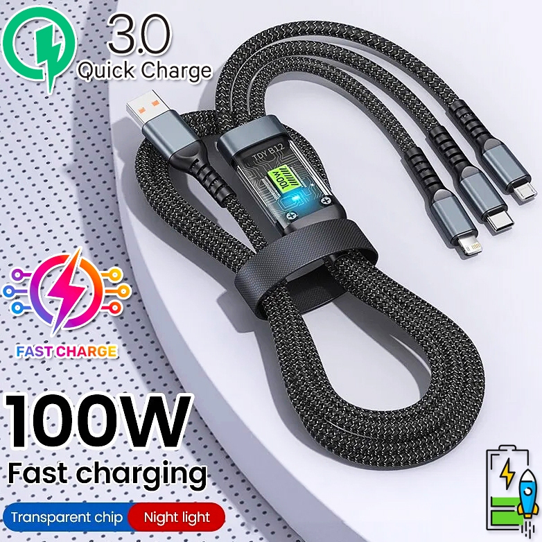 100W 6A 3 in 1With LED Indicator Cable Fast Charging Nylon Bradied USB ...