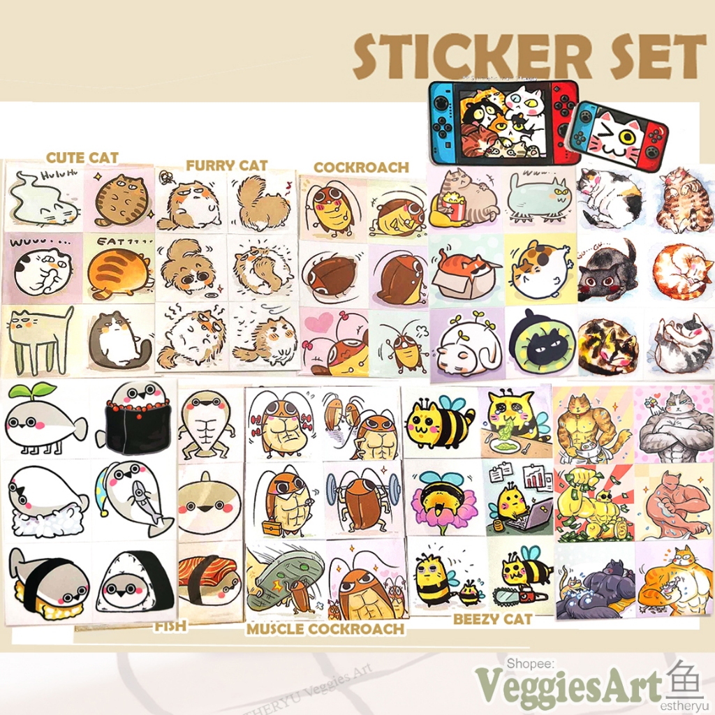 CUTE Sticker Set cat sticker cockroach sticker furry cat sticker ...