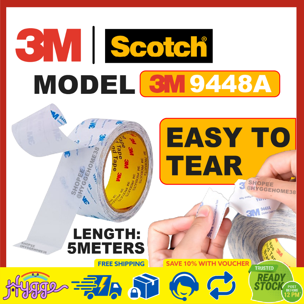 3M 9448A Double Sided Tape Thin Tearable Tissue Non Woven Strong Easy Removal Original Scotch ...