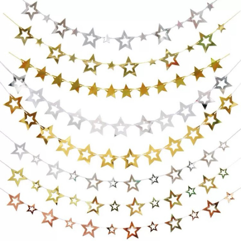 •Silver Gold Star Shape Banner•Party Decoration Bunting Paper Hollow ...
