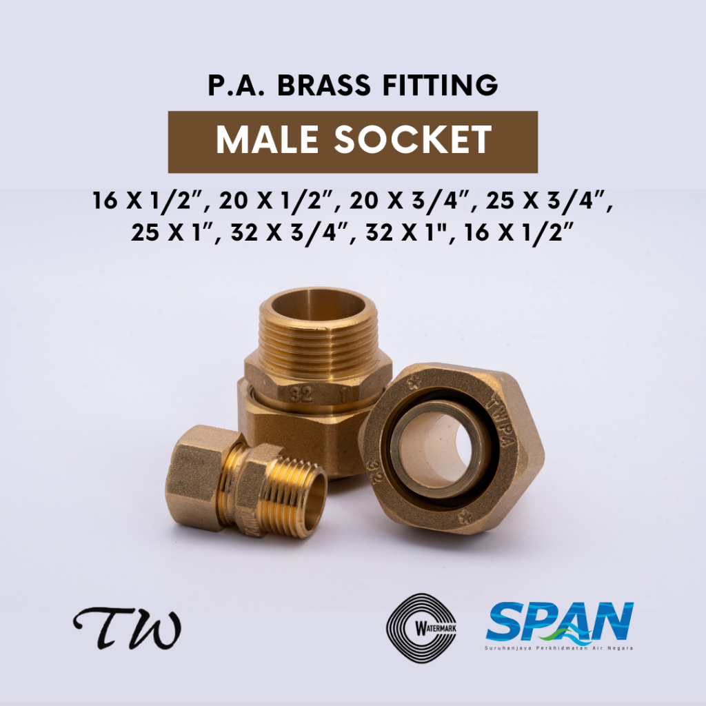 TW PA Pipe Fitting Brass Male Socket - 16x1/2”, 20x1/2”, 20x3/4”, 25x3 ...