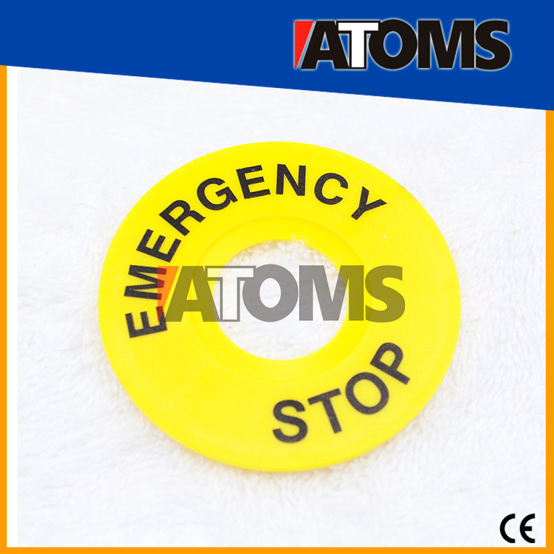 ATOMS XB2-ER60 EMERGENCY STOP LEGEND PLATE YELLOW/ 60MM/ 22MM HOLE SIZE ...