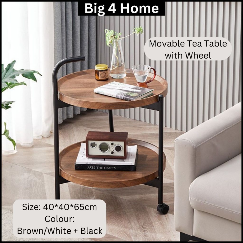 Corner Table Movable Tea Table with Wheels Walnut Sofa Side Table ...