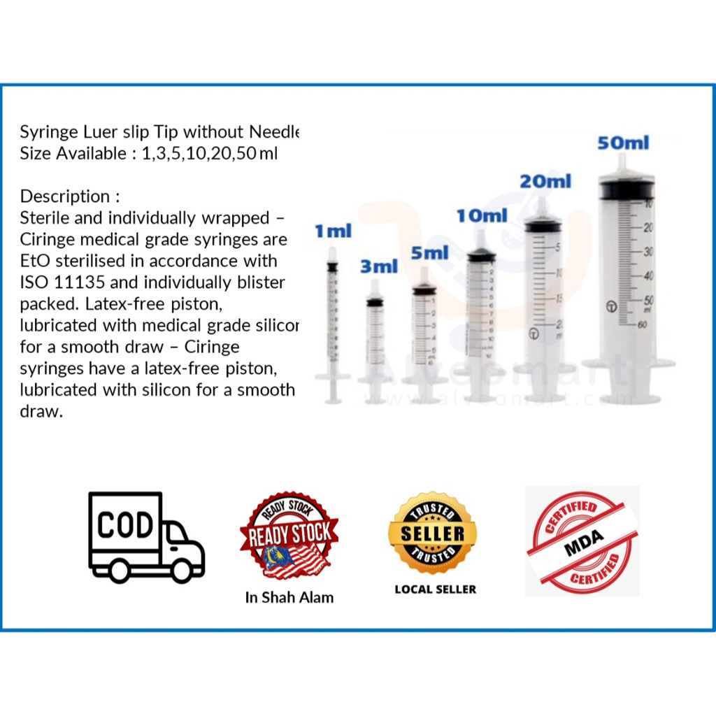 Syringe Luer Slip Tip Without Needle Size 1,3,5,10,20,50ml | Shopee ...