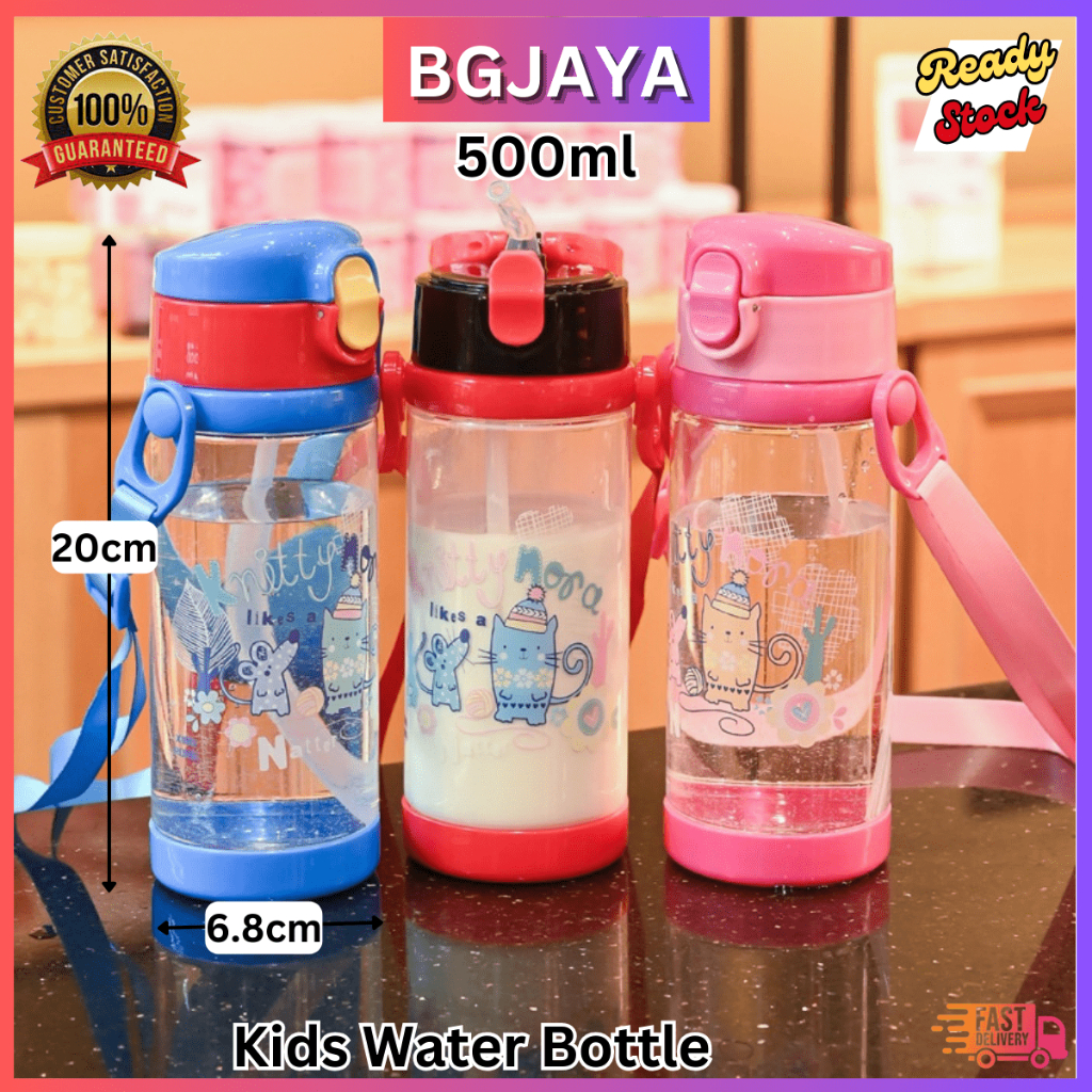 500ML Kids Water Bottle BPA Free Cartoon Botol Air with Straw and Strap ...