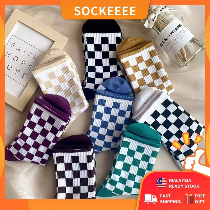 [Ready Stock] Sockeeee 1 Pair Checkerboard Grid Sock Plain Crew Socks ...