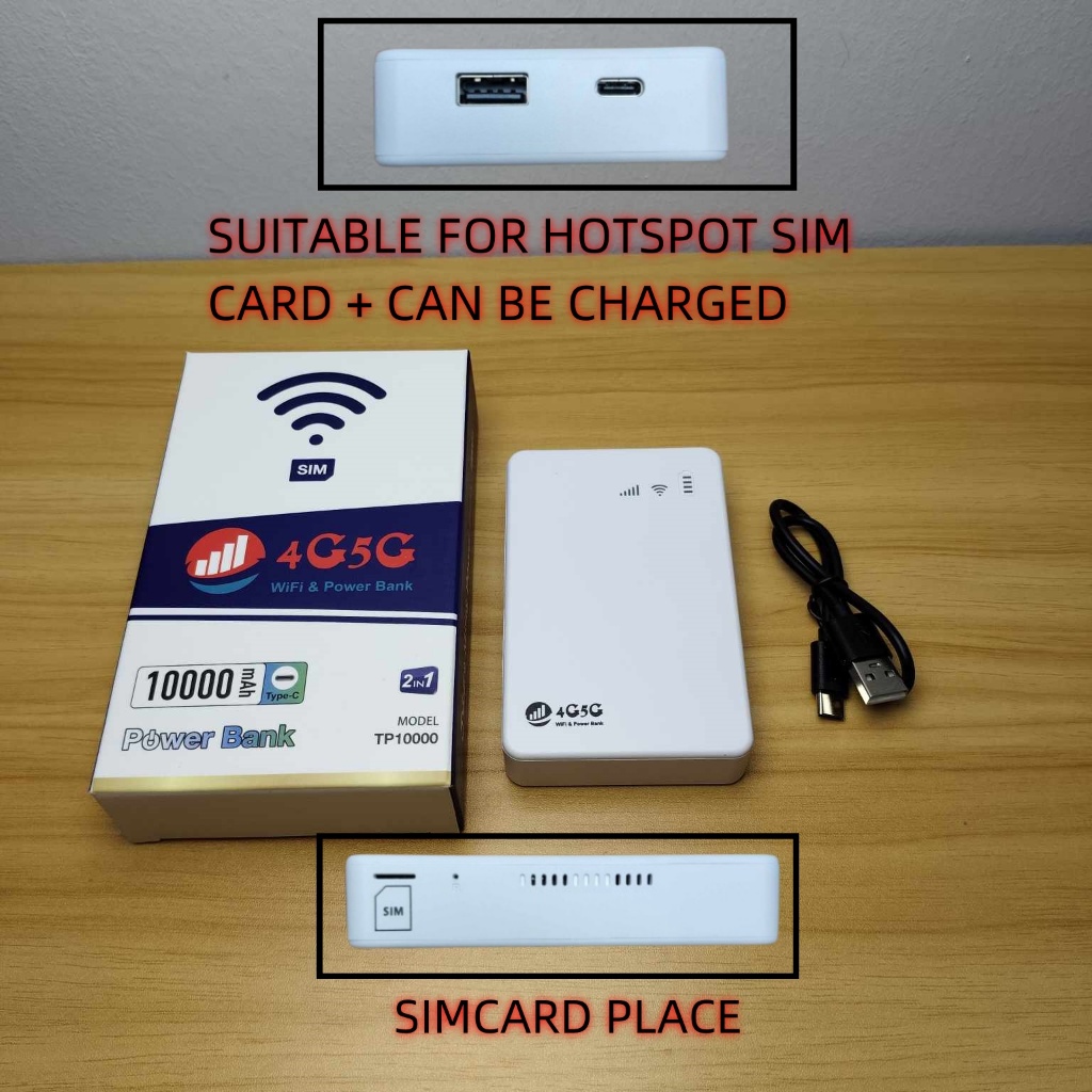 2in1 WIFI + POWERBANK 10000mAh TYPE-C SIM CARD UNLIMITED HOTSPOT 4G 5G ...
