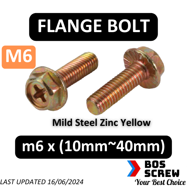 Flange bolt m6 x 10mm ~ 40mm (Zinc Yellow) (Funiture bolt for DIY ...