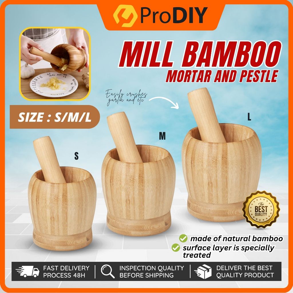 3 Sizes S/M/L Bamboo Mortar Pestle Grinding Bowl Garlic Onion Spice ...