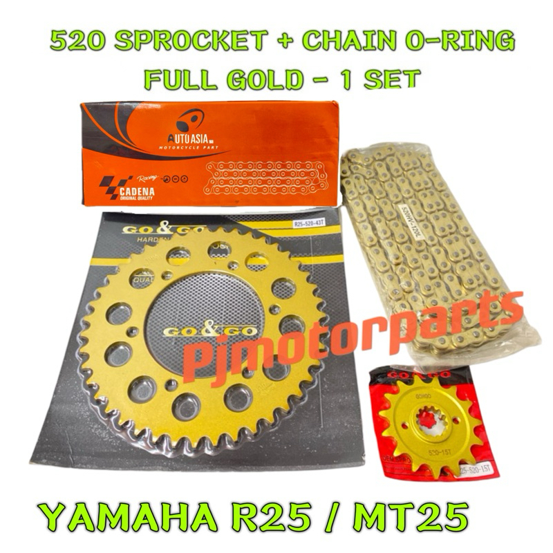 YAMAHA R25 MT25 ( 1 SET ) FULL GOLD 520 FRONT REAR SPROCKET + 520HV ...