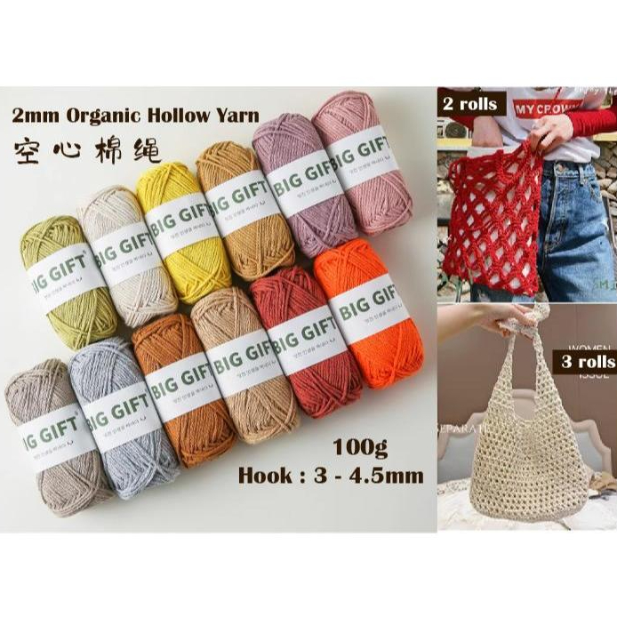 🇲🇾2mm Organic Hollow Yarn BIG GIFT 2号空心棉 2mm空心绳 DIY Crochet Cotton Yarn ...