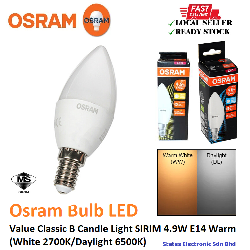 Osram Bulb LED Value Candle Light SIRIM Frosted 4.9W E14 (Warm White 2700K/Daylight 6500K ...