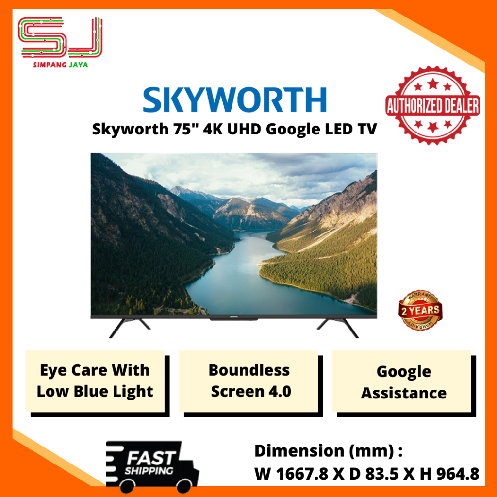 Skyworth 75" 4K UHD Google LED TV | Eye Care | Low Blue Light | Flicker Free | 75SUE7600 | 2 ...