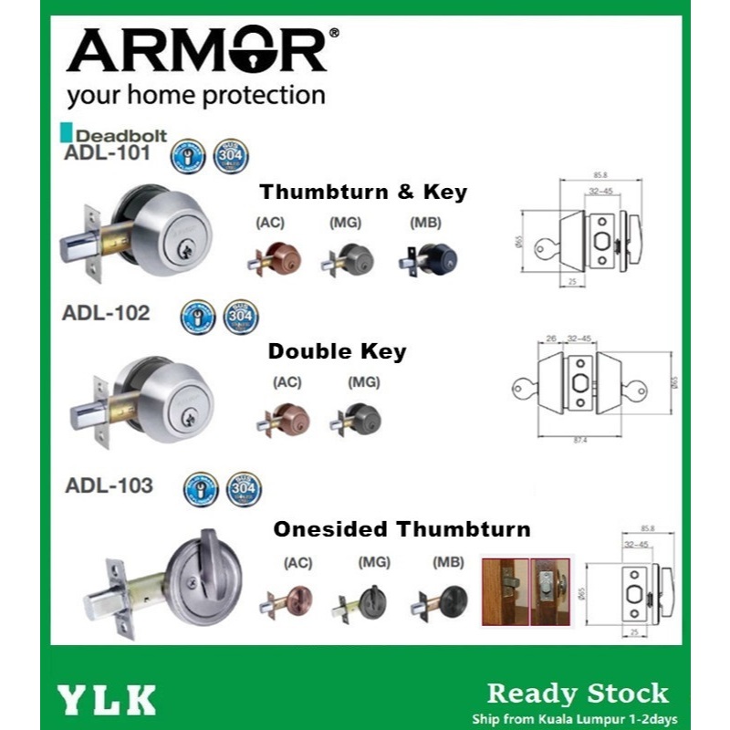 YLK ARMOR Stainless Steel SUS304 Deadbolt Lock 60-70MM / DOUBLE KEY ...