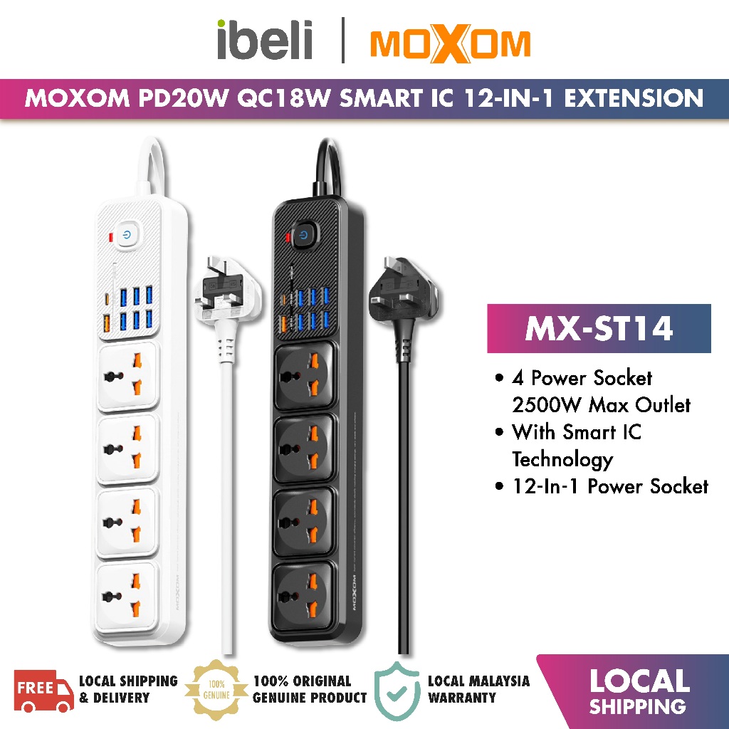 MOXOM PD20W QC18W Smart IC Technology 12-IN-1 Power Strip Extension ...