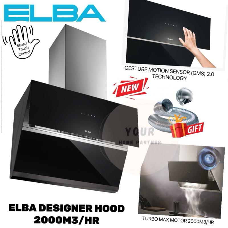 Elba Designer Cooker Hood EH-Q9126ST(BK) Gesture Motion Sensor 2000m3 ...